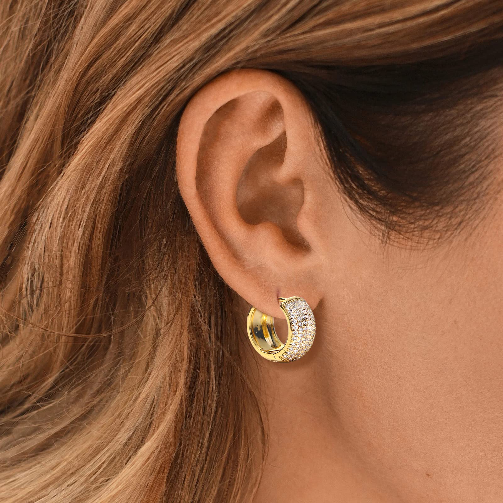 Gold Plated Hoop Bling Earrings For Women,Small Dainty Huggie Hypoallergenic Earrings With Cubic Zircon