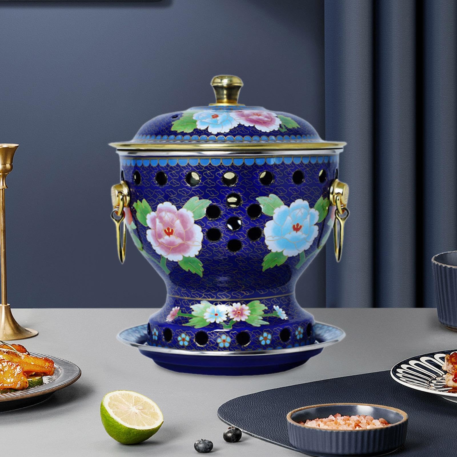 Llazsybz Enamel Pot Cloisonne Hot Pot Buffet Hot Soup Pot Copper Single Person Hotpot Sturdy Home Use Shabu Pot Old Beijing Hot Pot, blue