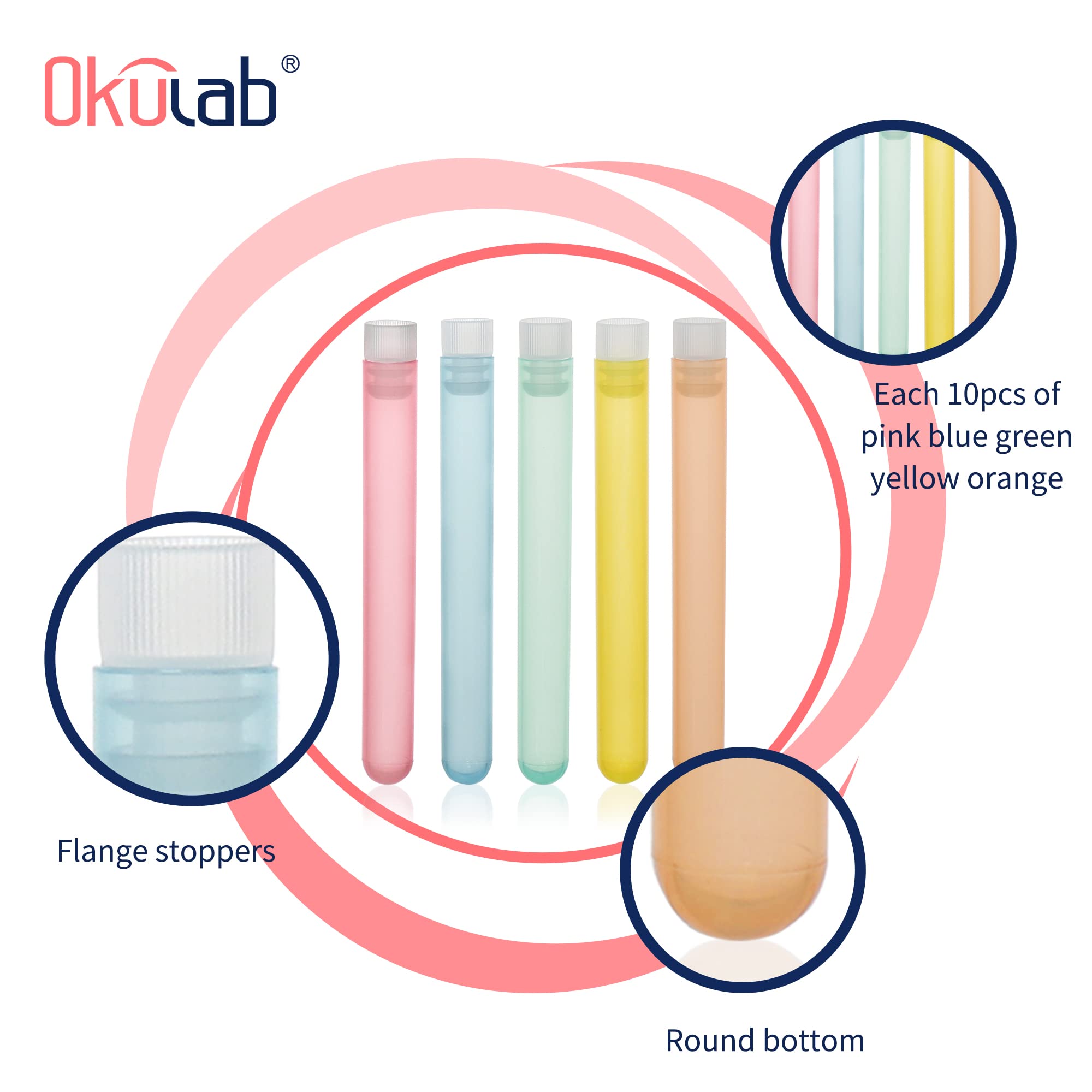 Okulab Test Tubes, Plastic Test Tubes with Caps, 50pcs 5 Colors Tampon Alcohol Tubes, with Flange Stopper for Lab, Classroom, Craft, TTP16B50