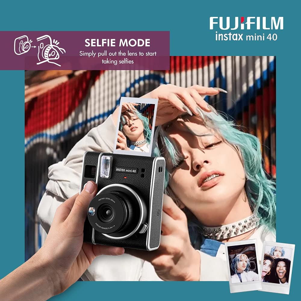 Fujifilm Instax Mini 40 Instant Film Camera (Black) Bundle with (20) Instax Mini Instant Film Shots + Padded Carrying Bag + (4) Rechargeable Batteries + Deluxe Cleaning Kit