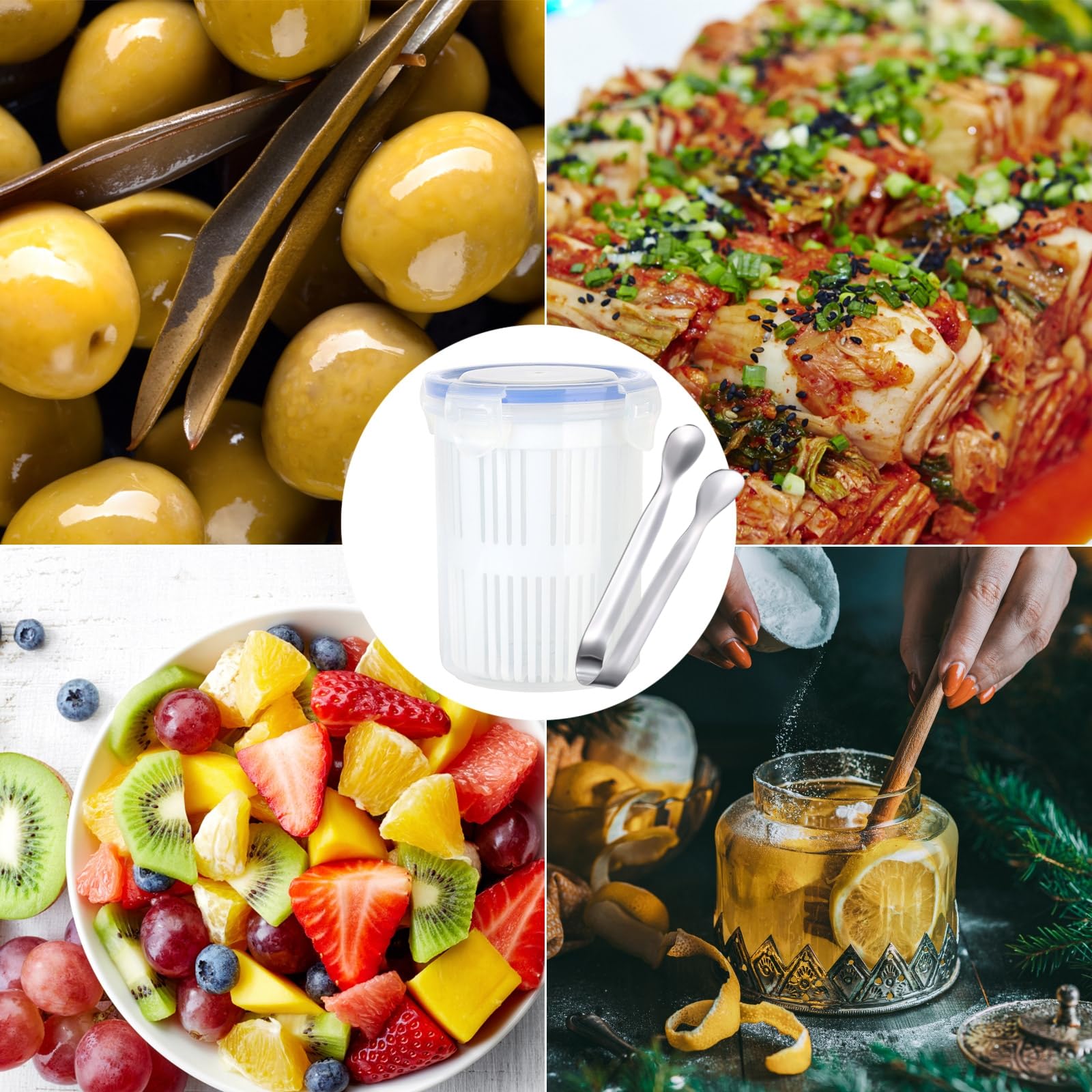 Garhelper 2Pcs Pickle Container Jar with Strainer,Pickle Holder Keeper Lifter with 2 Clips,Pickles Olive LeakProof Juice Separator Sieve Food Saver Storage Container with Leak Proof Lock Lid&Clip for