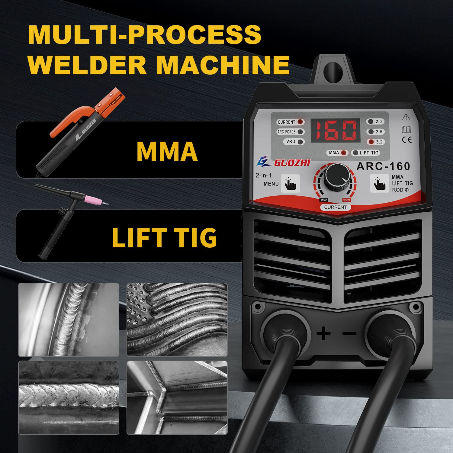 GZ GUOZHI 110/220V MMA Welder, 160A Stick ARC Welding Machine IGBT Digital Display LCD Hot Start Welder with Electrode Holder, Work Clamp, Input Power Adapter Cableā¦