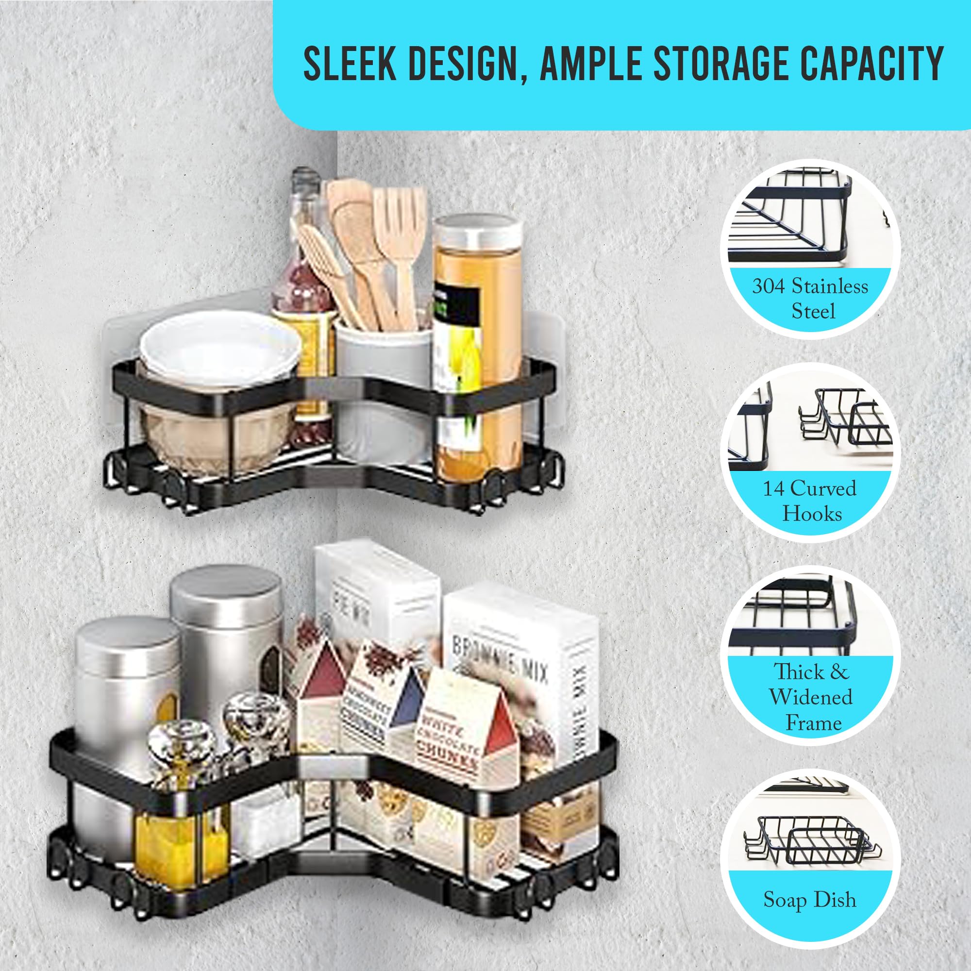 Modern Corner Caddy Stainless Steel Shelf for Shower, Adhesive Backing, π΅π¬ πegree Corner Shower Organizer Set with Soap Holder & Adjustable Hooks, Storage Shelves for Clutter-Free Washroom- Black