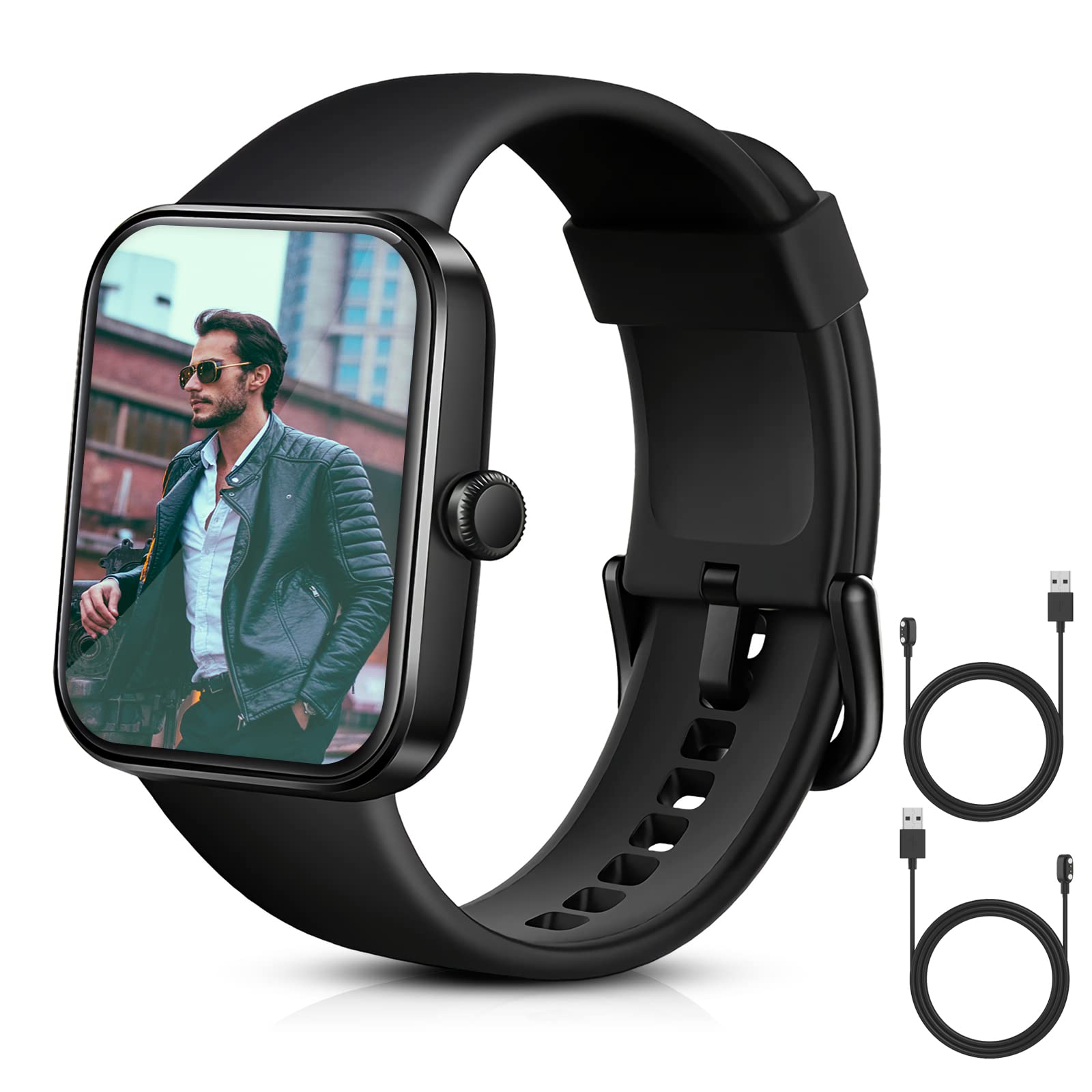 Hpory Smart Watch for Women and Men - Fitness & Activity Tracker Smartwatch for iOS or Android - Water Resistant Bluetooth Touch Screen Sports Watch(Black,1.5inch,2 Charging Cable)