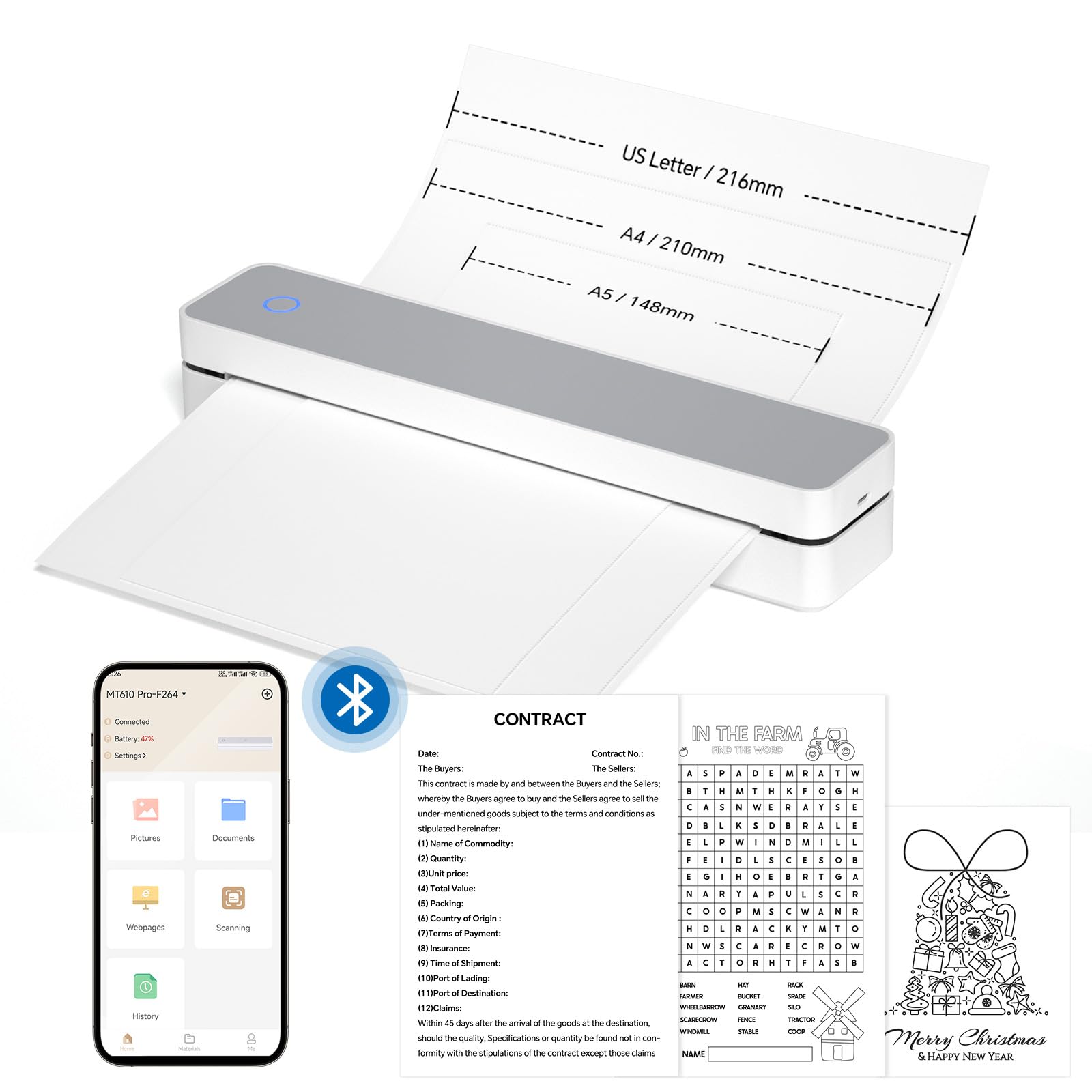 HPRT MT610pro Portable Printer Wireless for Travel, Bluetooth Thermal Printer 8.5x11 US Letter&A4 Thermal Paper, Compatible with Android and iOS Phone & Laptop, Inkless Printer Mobile Office(White)