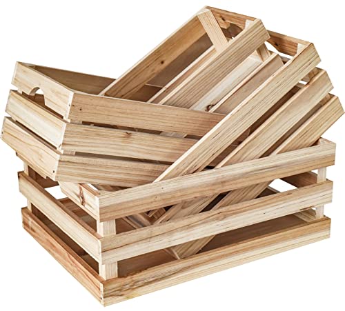MACVAD Set of 4 Large Wooden Crates Unfinished Office Storage Crates, Decorative Wood Storage Crates for Display, Rustic Pine Wood Organizer Bin Basket for Kitchen Pantry Bathroom