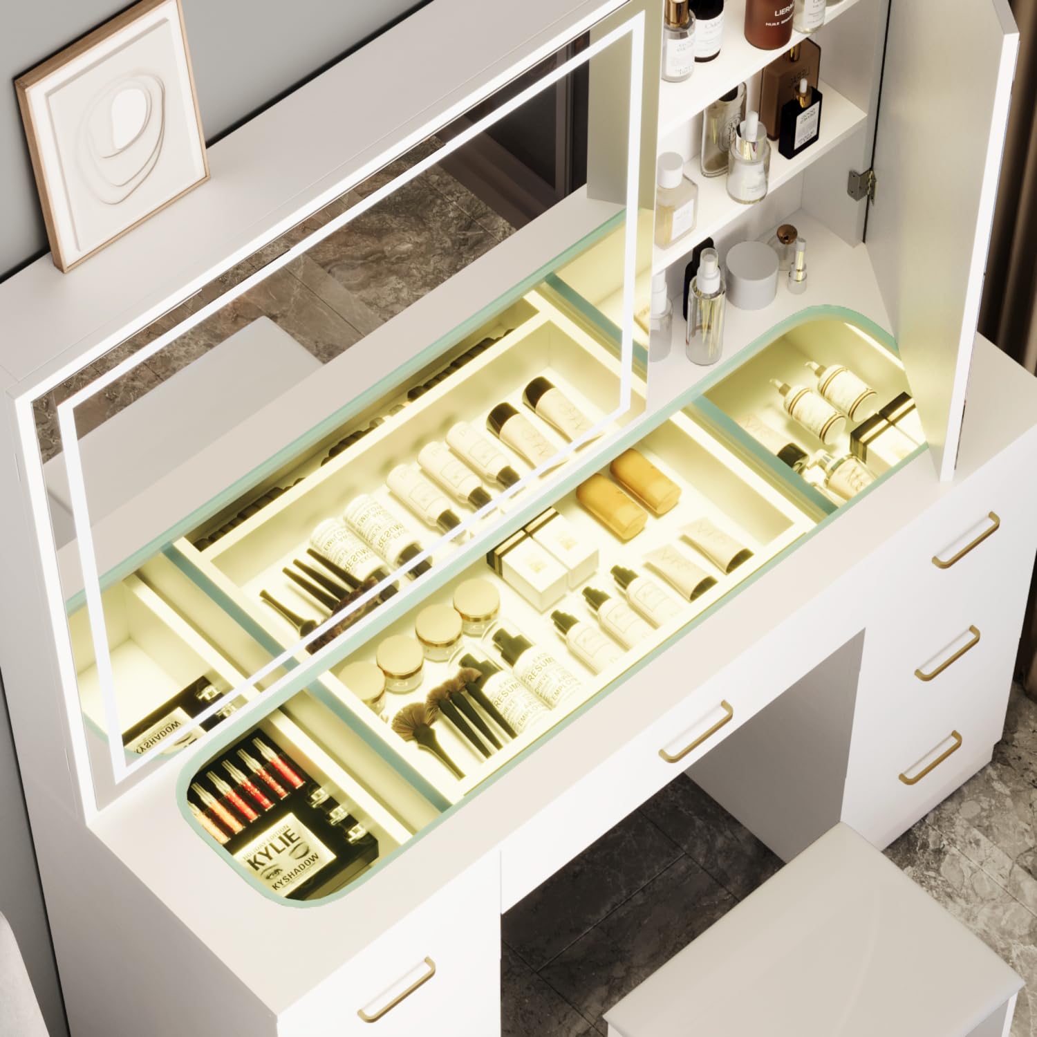 Jartoil Large Lighted Vanity Desk, 7 Drawers & Transparent Glass Tabletop, Adjustable Lighting - for Women, Girls (White-Glass Tabletop)