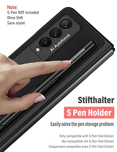 KumWum Phone Case for Samsung Galaxy Z Fold 3 5G Ultra-Thin Back Cover Protection Shockproof Bumper with S Pen Holder & Kickstand - Carbon Fiber