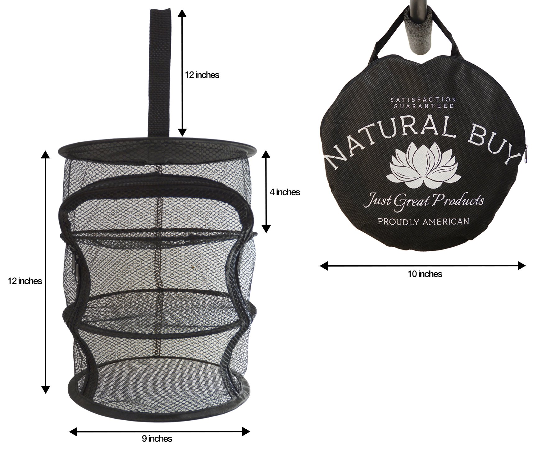 Natural Buy 9 Inch 3 Level MICRO Hanging Dry Net Indoor/Closet Drying Rack for Herbs, Organizer, Freshner - Black Mash Screen with Top-to-Bottom Zipper - Apartment Size with Zipped Storage Pouch