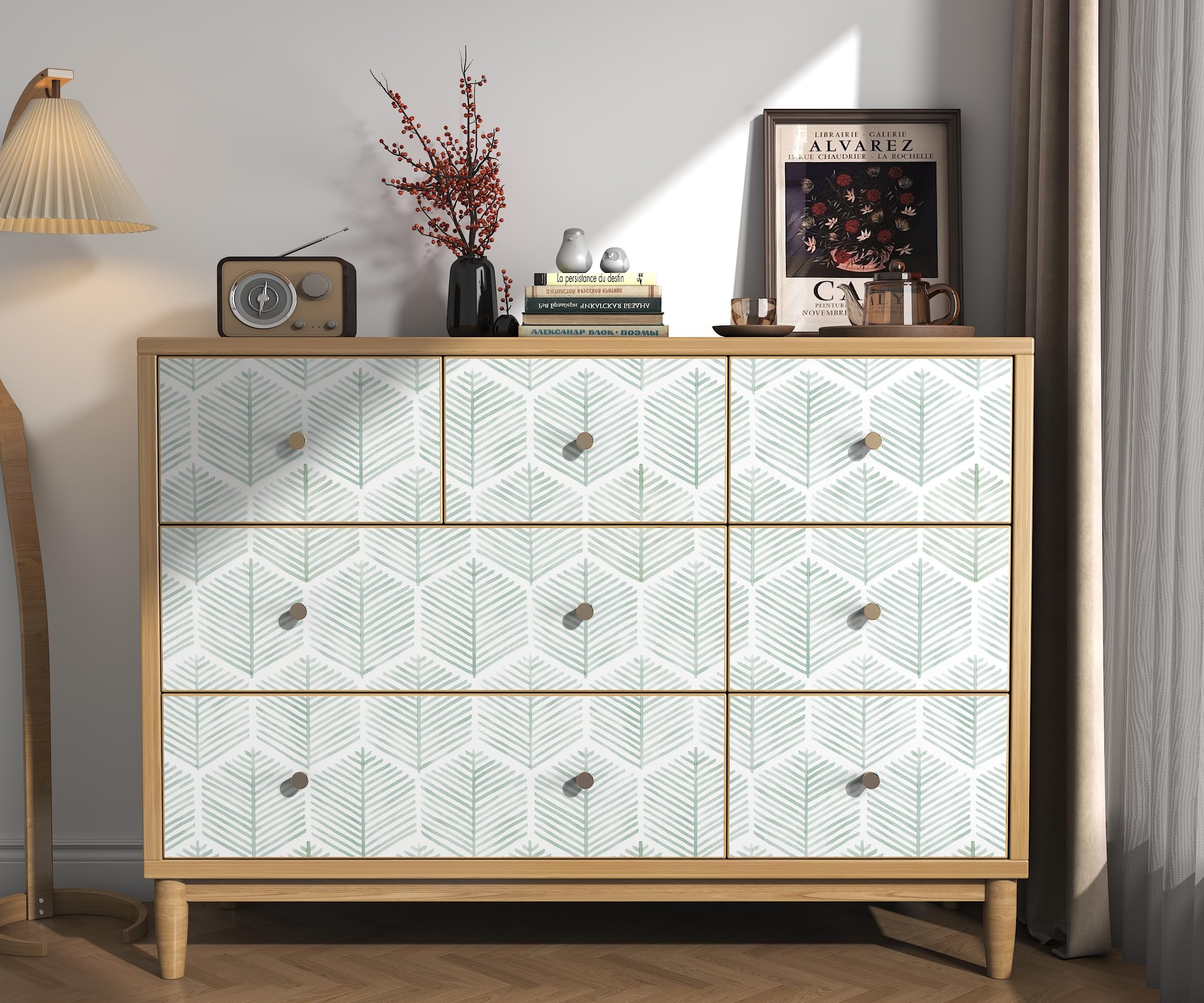 Modern Peel and Stick Wallpaper 17.3''×78.8'' Geometric Wallpaper Boho Contact Paper Green and White Self-Adhesive Wallpaper Removable Decorative Wallpaper for Bedroom Bathroom Cabinets Decor Vinyl