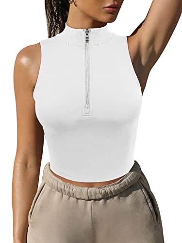 LASLULU Womens Crop Tops Half Zip Up Sleeveless Yoga Tops Compression Summer Athletic Shirts Sports Bra Seamless Workout Gym Pullover Going Out Tops(White Large)