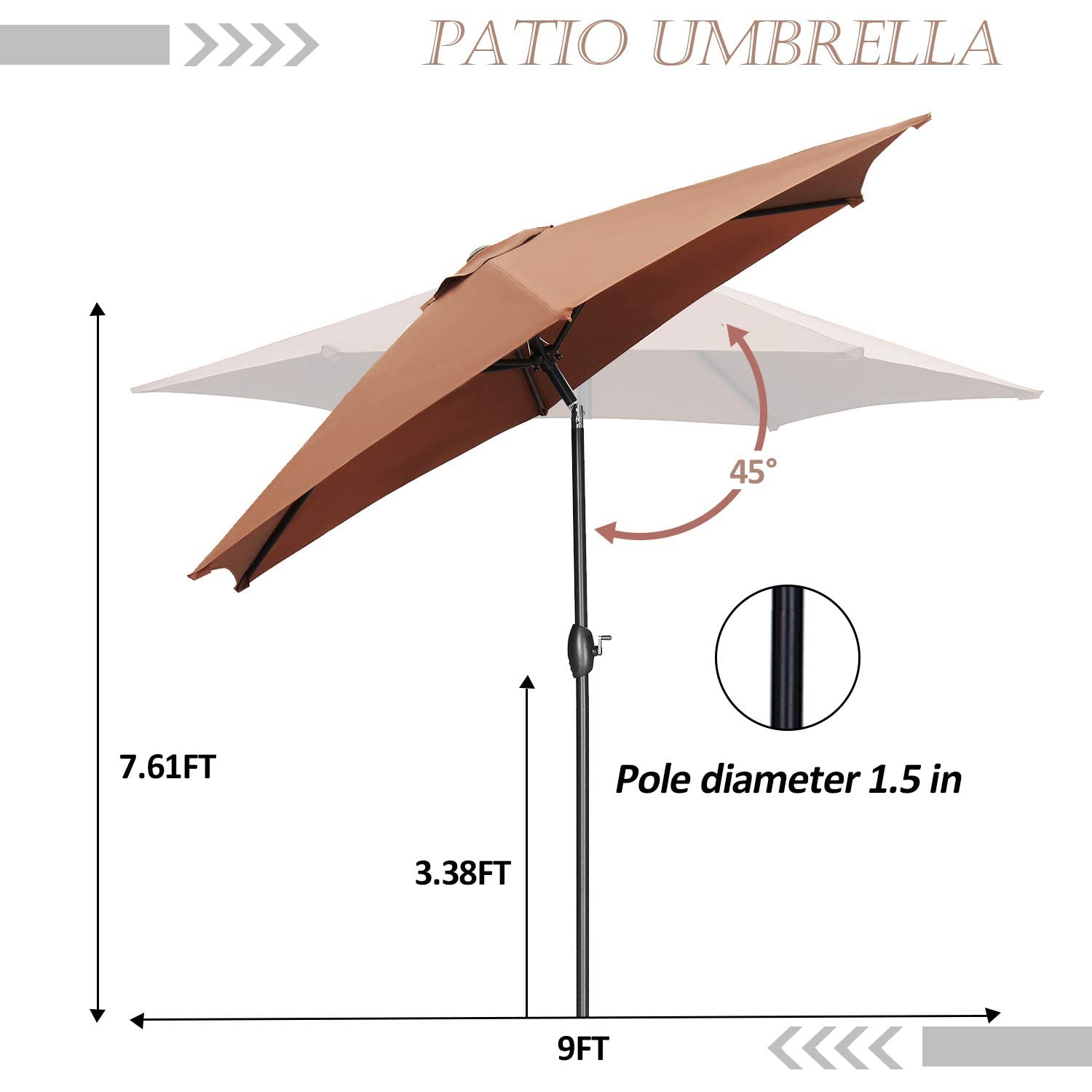 HYD-Parts 9FT Patio Umbrella Outdoor Table Umbrella,Market Umbrella with Push Button Tilt and Crank for Garden, Lawn, Deck, Backyard & Pool (Coffee)