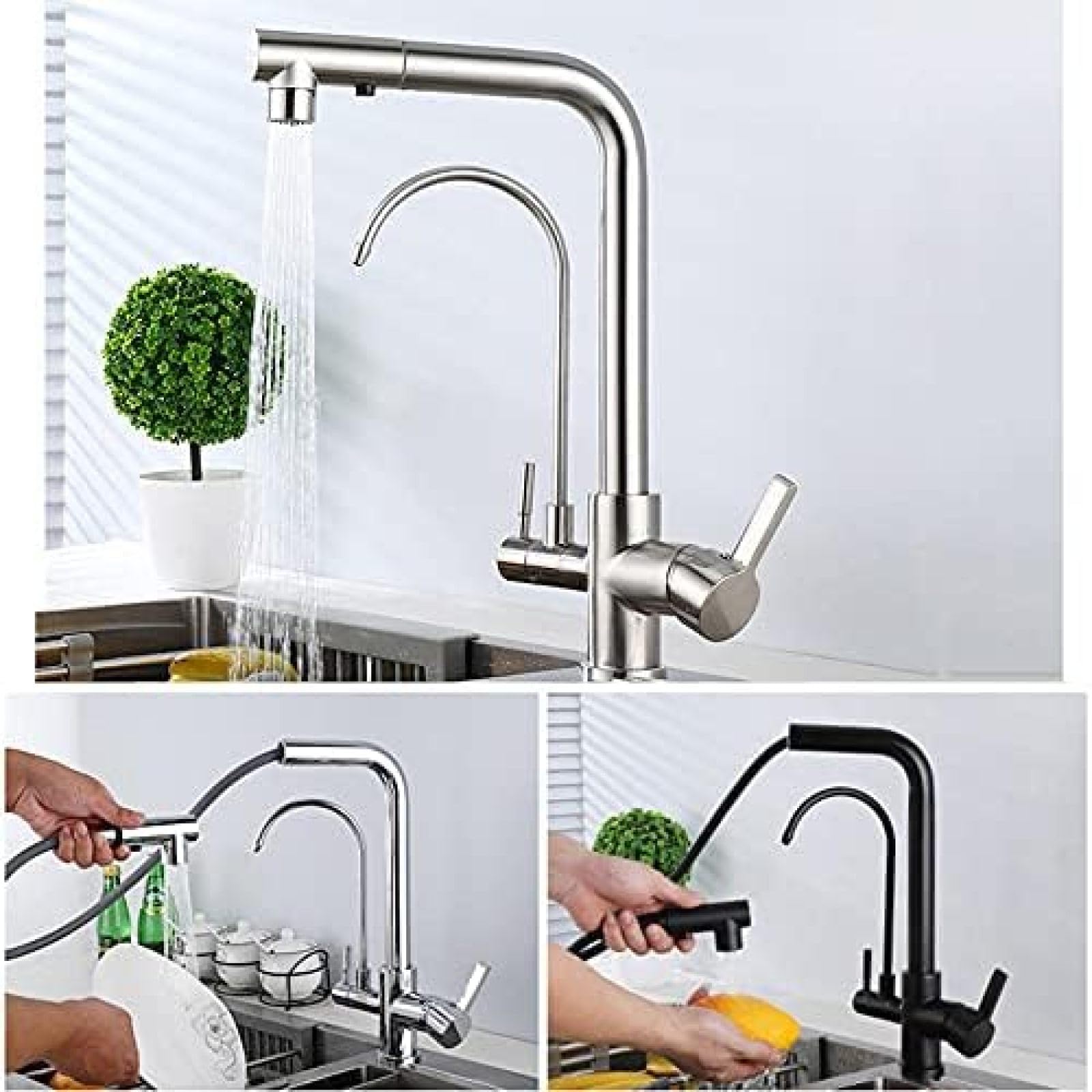 CRJUS 3 Way Filter Taps Pull Out Kitchen Tap Swivel 3 Way Kitchen Tap with Water Filter Way Dual Spray Mode Sink Mixer Tap Drinking Purifier Water Tap-Brushed Nickel-B,Black -B