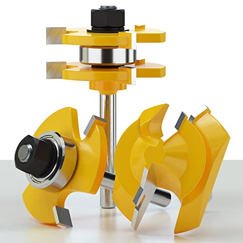 Helovmine Tongue and Groove Router Bit Tool Set with Adjustable 1/4 Inch Shank T Shape Wood Milling with 45 Degree Lock Miter Router Bit 3/4 Inch Stock Joint Router Bit for Wood Drawer, Window, Cupboard