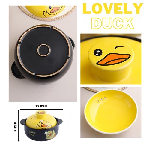 Korean Premium Duck Cartoon Ceramic Yellow Casserole Clay Pot with Lid, Perfect for Cooking Hot Pot, Dolsot Bibimbap, and Soup (2-Quarts)