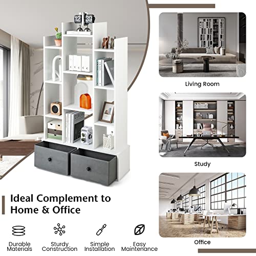 Tangkula Bookshelf with 2 Drawers, Tree-Shaped Bookcase with 12 Open Storage Shelves, Freestanding Industrial Wood Display Cube Shelf, Home Office Books Organizer, 31.5 x 9.5 x 52 Inches