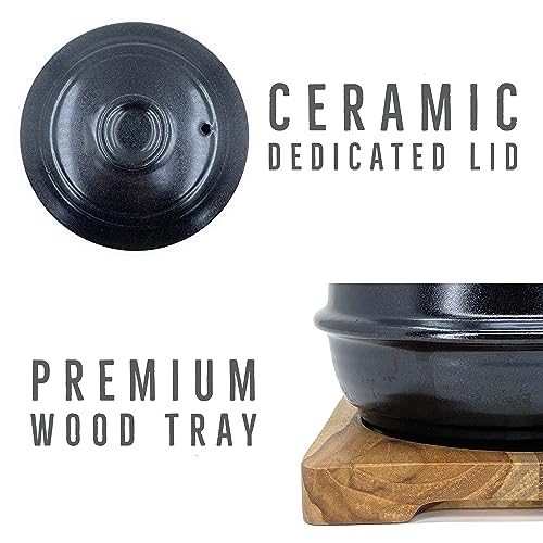 Korean Stone Pot(Dolsot,Ttukbaegi) with Lid, 32oz Premium Ceramic Hot Pot for Bibimbap and Soup, Sizzling for Authentic Korean Cooking, Includes Wooden Tray Set
