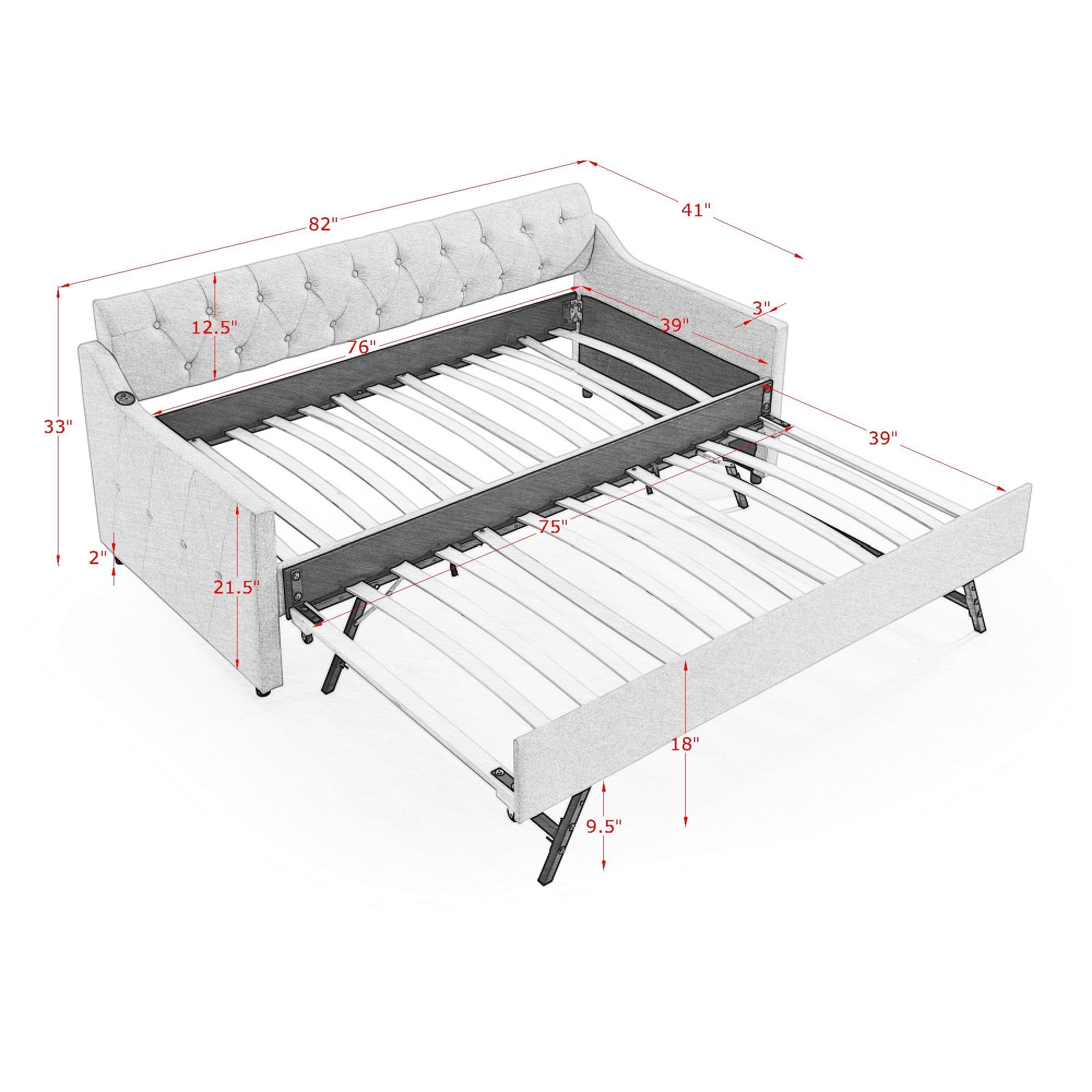 LUSPAZ Twin Size Upholstery Daybed with Trundle and USB Charging Design, Twin to King Design Mid-Century Extendable Sofa Bed, Easy Assembly, No Box Spring Required, for Living Room and Bedroom, Beige