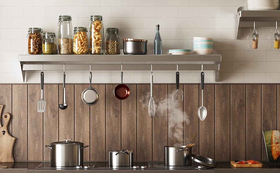 KIETLER 12" x 60" NSF Certified Stainless Steel Wall Mount Shelf - Multifunctional Metal Storage Rack with Backsplash and 7 Hooks