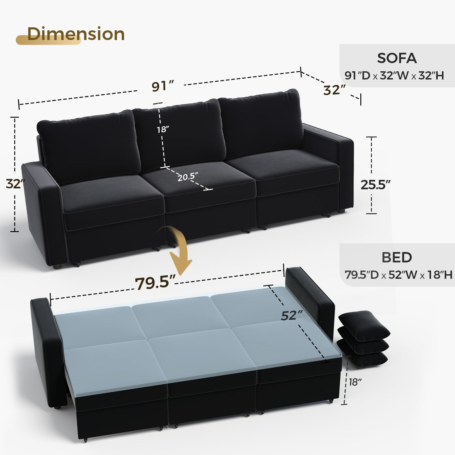 Modular Sectional Sofa, 91 Inch Comfy Sofa, 3 Seater Sofa with Storage Space, Sleeper Sofa, Cloud Couch, Modern Sofa for Living Room, Velvet, Black