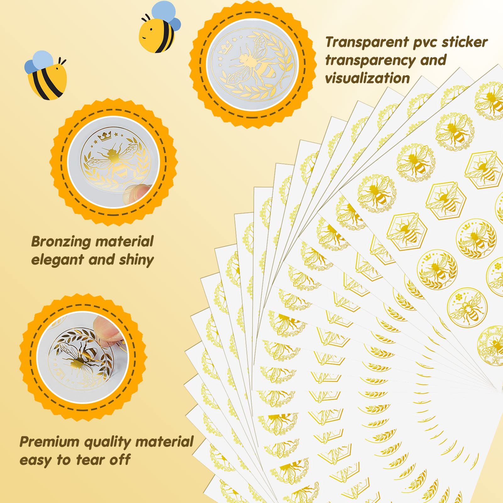 Gueevin 400 Pcs Bee Gold Foil Stickers Gold Envelope Seal Stickers Clear Envelope Seals Self Adhesive Stickers for Greeting Invitation Thanksgiving Christmas Birthday Wedding Party Gift Wrapping
