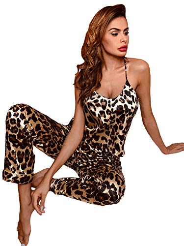 SOLY HUX Women's Leopard Print Cami Top with Pants Satin Pajama Set Sleepwear Brown M