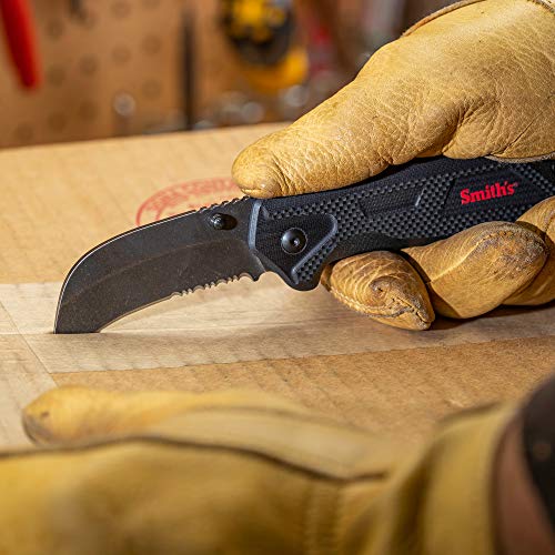 Smith's 51240 EdgeWork-Site Hawk Bill Folding Knife – 2.7” Blade – Stainless Steel w/Stonewash Finish – Frame Lock – Pocket Clip – Textured Handle – Easy Open Pocket Knife
