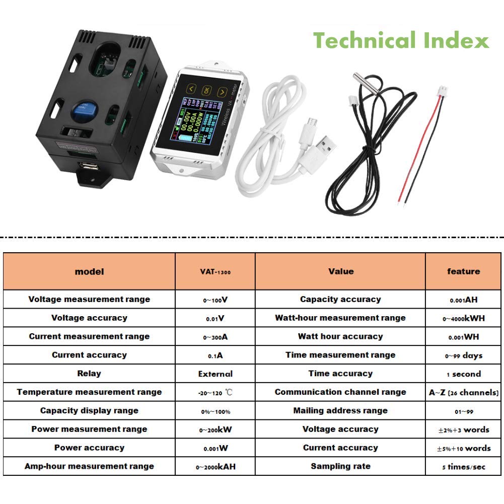 DC Meter Amp Volt,Color LCD Screen Wireless Meter, 2.4G Wireless Data Transmission Technology,for Measure Miscellaneous Meter Parameters (VAT-1300)