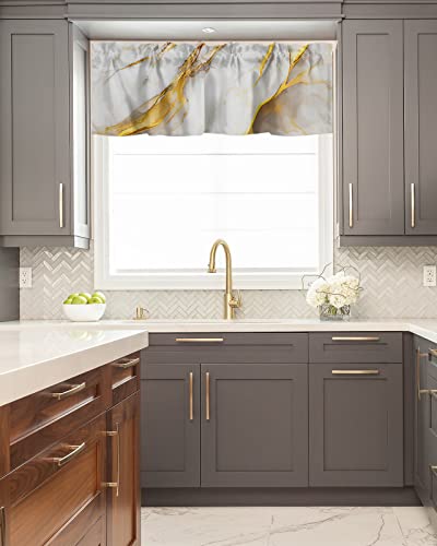 Yun Nist Window Valance Curtain Abstract White Marble Gold Stripe Valances for Kitchen Windows,Modern Geometry Art Rod Pocket Short Curtains for Bedroom,Bathroom,Living Room 60x18Inch