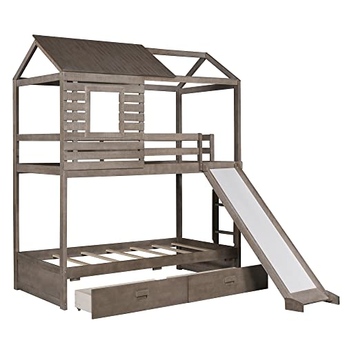 HYC Twin Over Twin Bunk Bed for Kids Toddlers, Wooden Bunk Bed with Slide and 2 Storage Drawers, House-Shaped Bunk Bed for Girls Boys,Gray