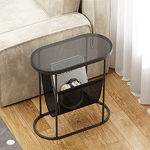 Yusong Tempered Glass End Table for Small Space, Narrow Oval Side Tables Living Room, Little Skinny Bedside Table Slim Nightstand with Magazine Holder for Bedroom, Black