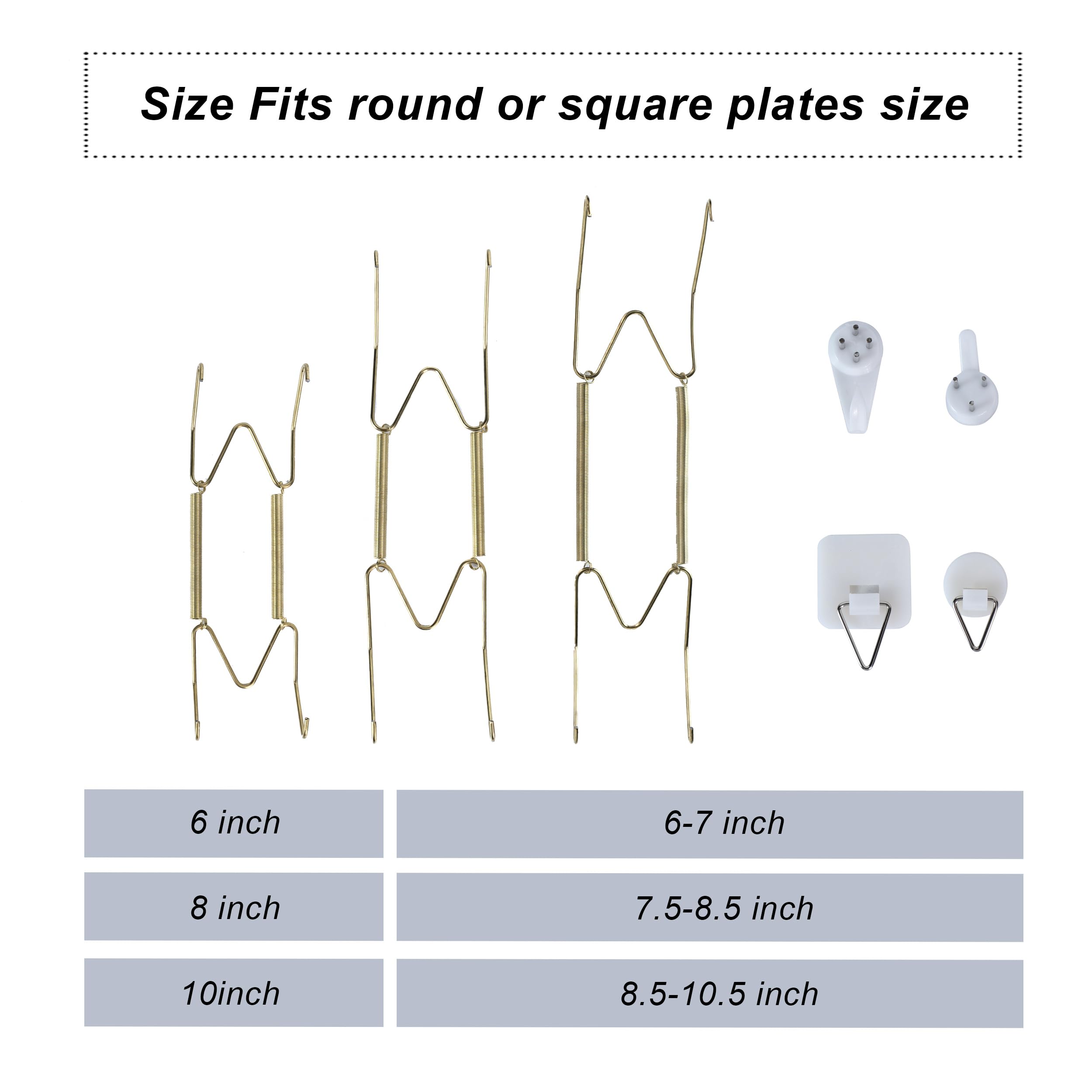 LYWBYJ 12 Pieces Invisible Vertical Plate Holders - 6 Pieces Stainless Steel Decorative Wire Plate Holders with 10 Pieces Wall Hooks for Decorative Plates (Gold, 6/8/10 Inch) 