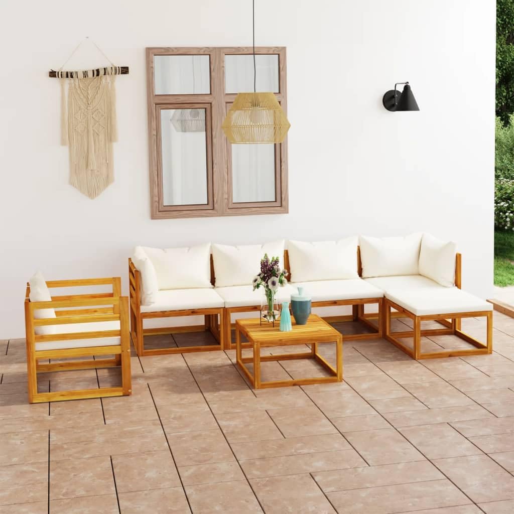 vidaXL Patio Lounge Set 7 Piece, Sectional Sofa for Outdoor Garden, Patio Furniture with Cushion, Coffee Table, Modern Style, Cream Solid Acacia Wood
