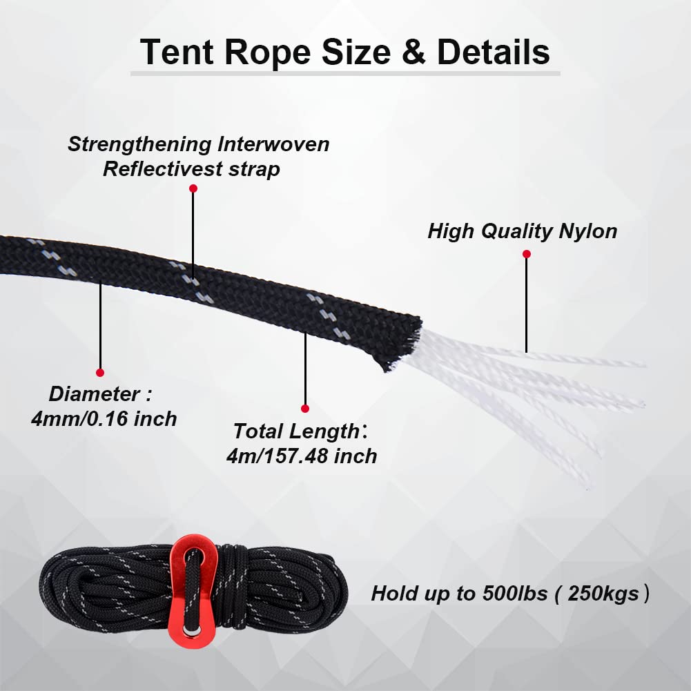 Fawcotu 8pcs Reflective Tent Rope,4m Camping Rope Lightweight Guy Lines Tent Cord with Adjuster for Outdoor Hiking Accessories