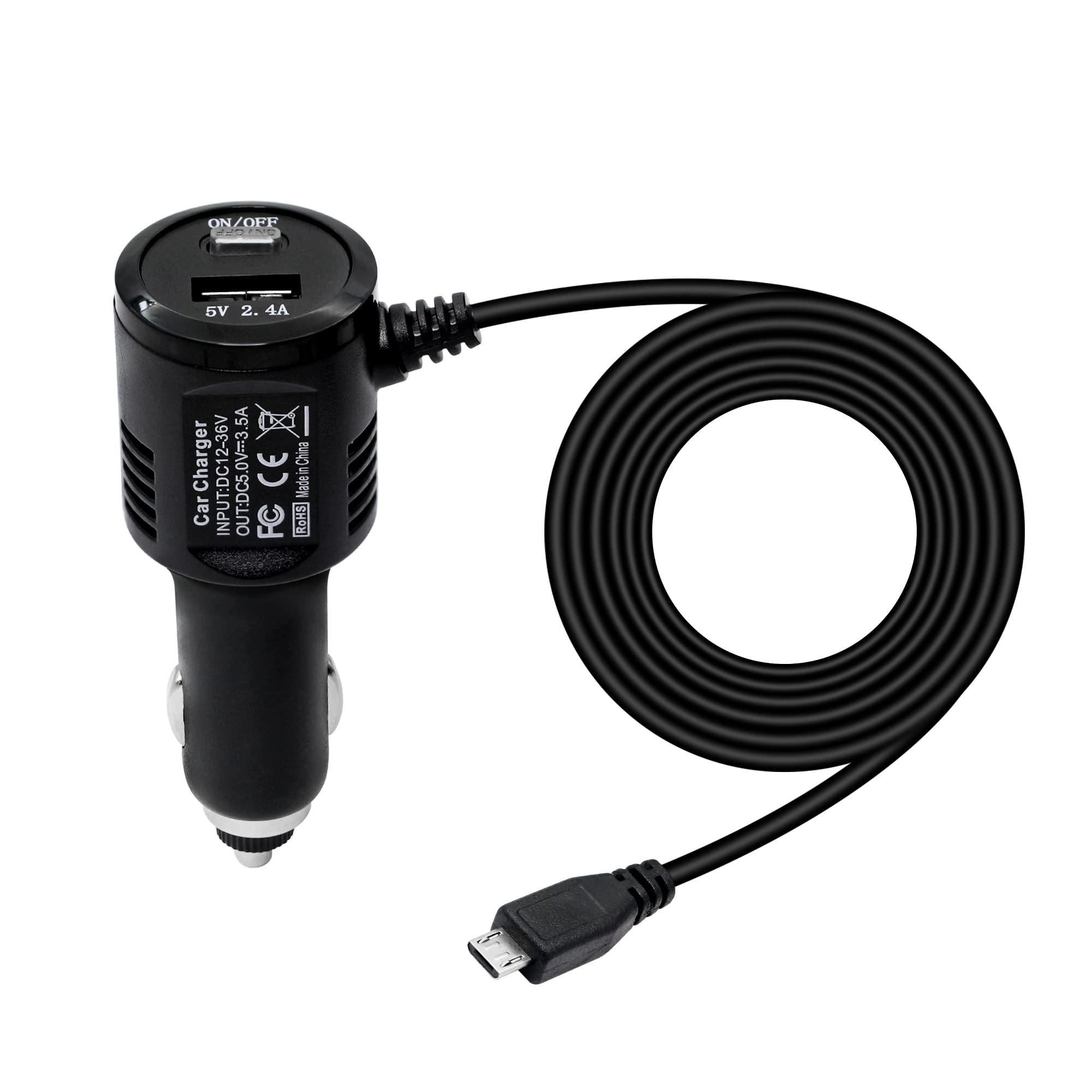 RIIEYOCA Dash Cam Micro USB Power Cable, with Switch USB 5V 2.4A Port, for Most Dash Camera and GPS Navigation, Compatible with USB Port Devices(Cable:11.48ft)