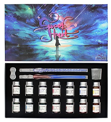 XIAOYU Glass Dip Pen Set, 18 Pieces Calligraphy Pens Set - 14 Color Inks, Pen Holder, Cleaning Cup, 2 Crystal Glass Pens for Art, Writing, Drawing, Signatures