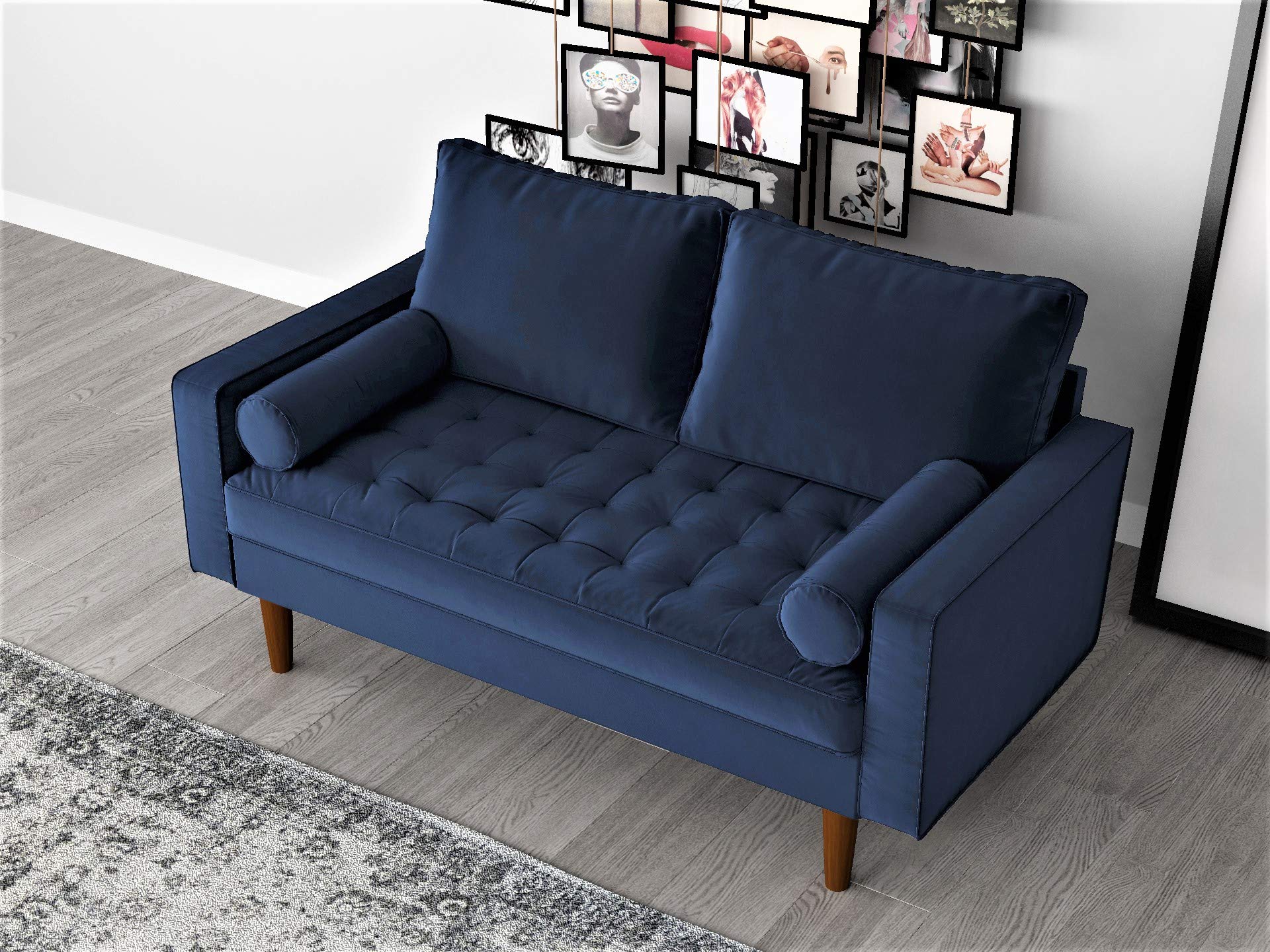Container Furniture Direct Womble Velvet Upholstered Living Room Diamond Tufted Chesterfield Loveseat With Gleaming Nailhead, Space Blue