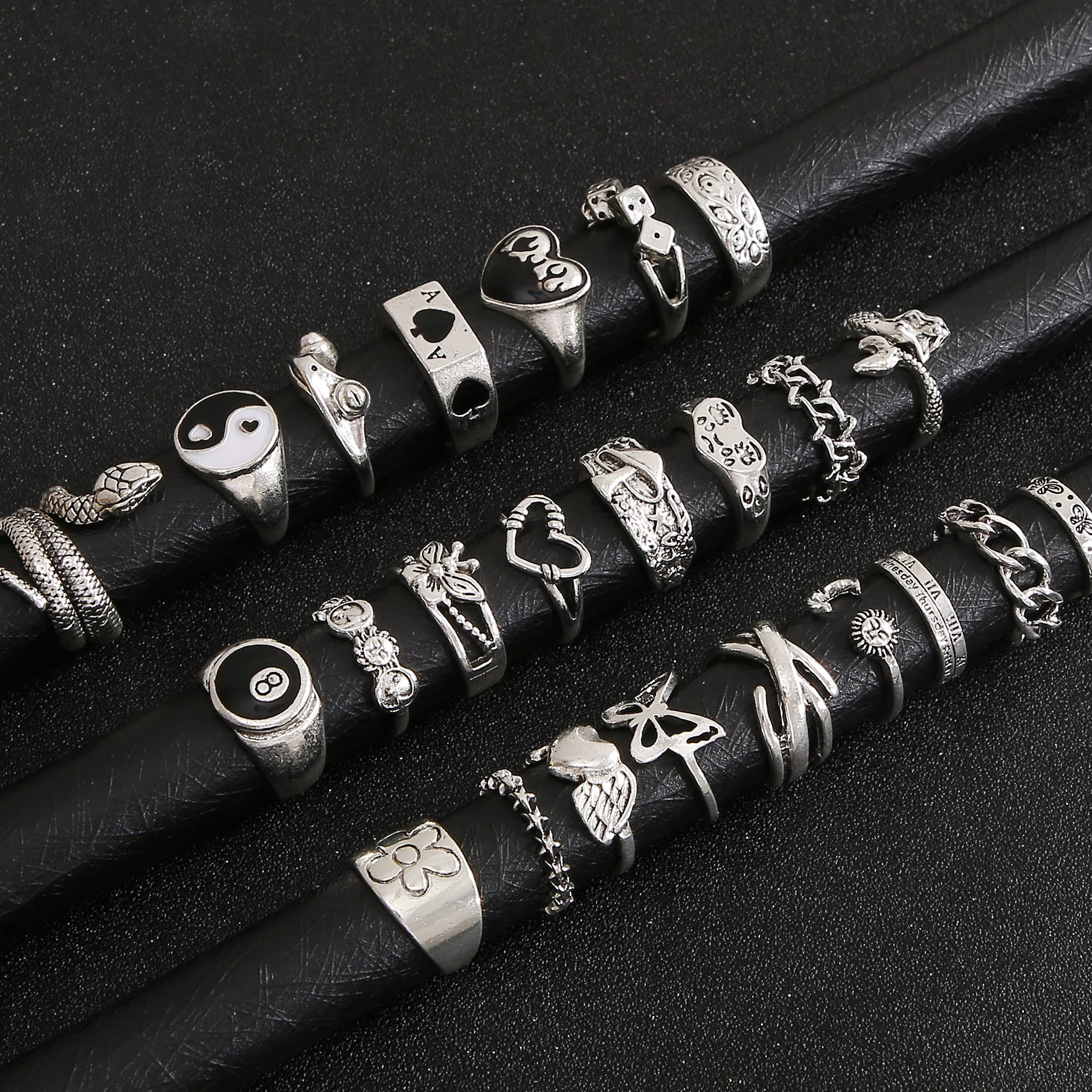 FAXHION Vintage Silver Open Punk Rings for Men Women, 24PCS Adjustable Rings, Chunky Silver Rings, Bulky Rings,Cool Gothic Ring,Statement Stacking Ring, Skull Snake Star Flower Heart Y2K Ring