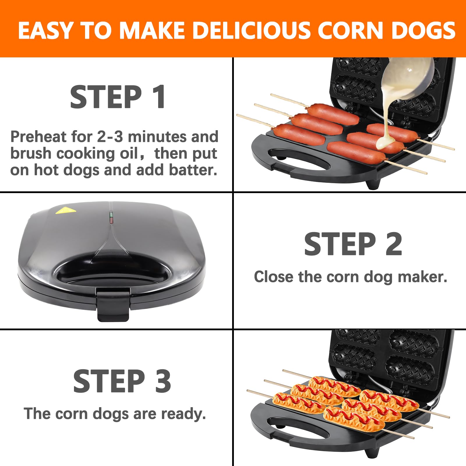 Ht Viik Corn Dog Maker,Hot Dog Waffle Machine,Bake 6 Corn Dogs,Double-sided heating, Non-stick Surface,For Commercial or Family Use,Maker Breakfast, Snacks,Easy to Clean