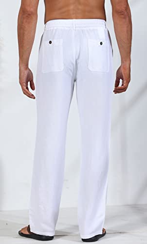 Soojun Men's Linen Beach Pants Lightweight Summer Pants with Drawstring, White, Medium/32 Inseam