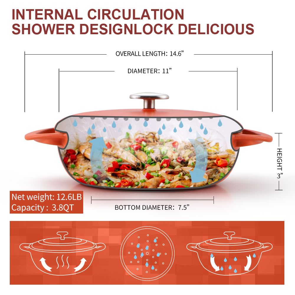 M-COOKER 3.8 Quart Enameled Cast Iron Braiser Pan with Lid,Covered Cast Iron Casserole Dish, Shallow Dutch Oven with Lid, Gift Idea for Family, Oven Safe (Maple leaf red)