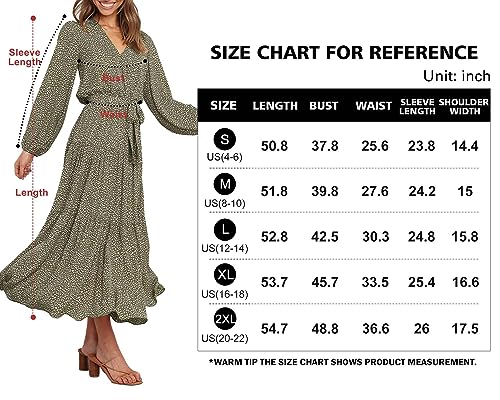 PRETTYGARDEN Women's Long Sleeve V Neck Leopard Print Ruffle Maxi Dress Tie Waist Boho Chiffon Flowy Long Dress (Green, Small)