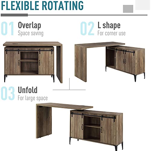 L Shaped Desk w/USB 360° Rotating Rustic Home Office Computer Desk Large Writing Gaming Table Workstation with Storage File Cabinet, Oak Finish, 55" L x 52" W x 36" H