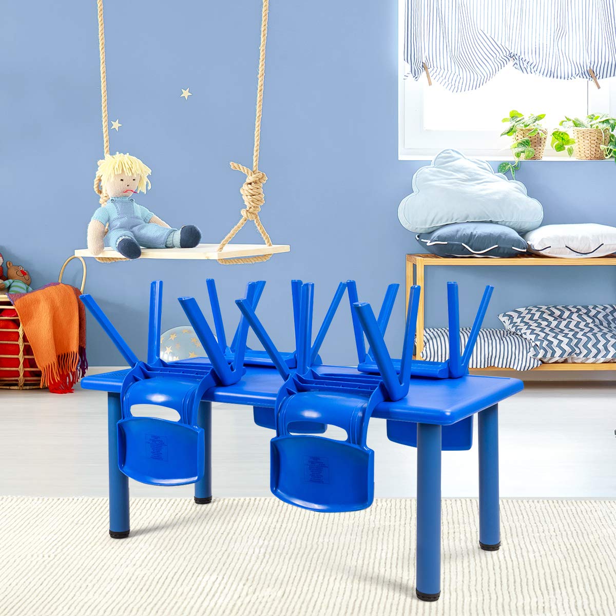 Costzon 47 x 23.5 Inch Rectangular Kids Table, Children School Activity Table for Reading Drawing Dining Playing, Multifunctional Plastic Table w/Steel Pipe, Toddler Furniture for Boys & Girls (Blue)