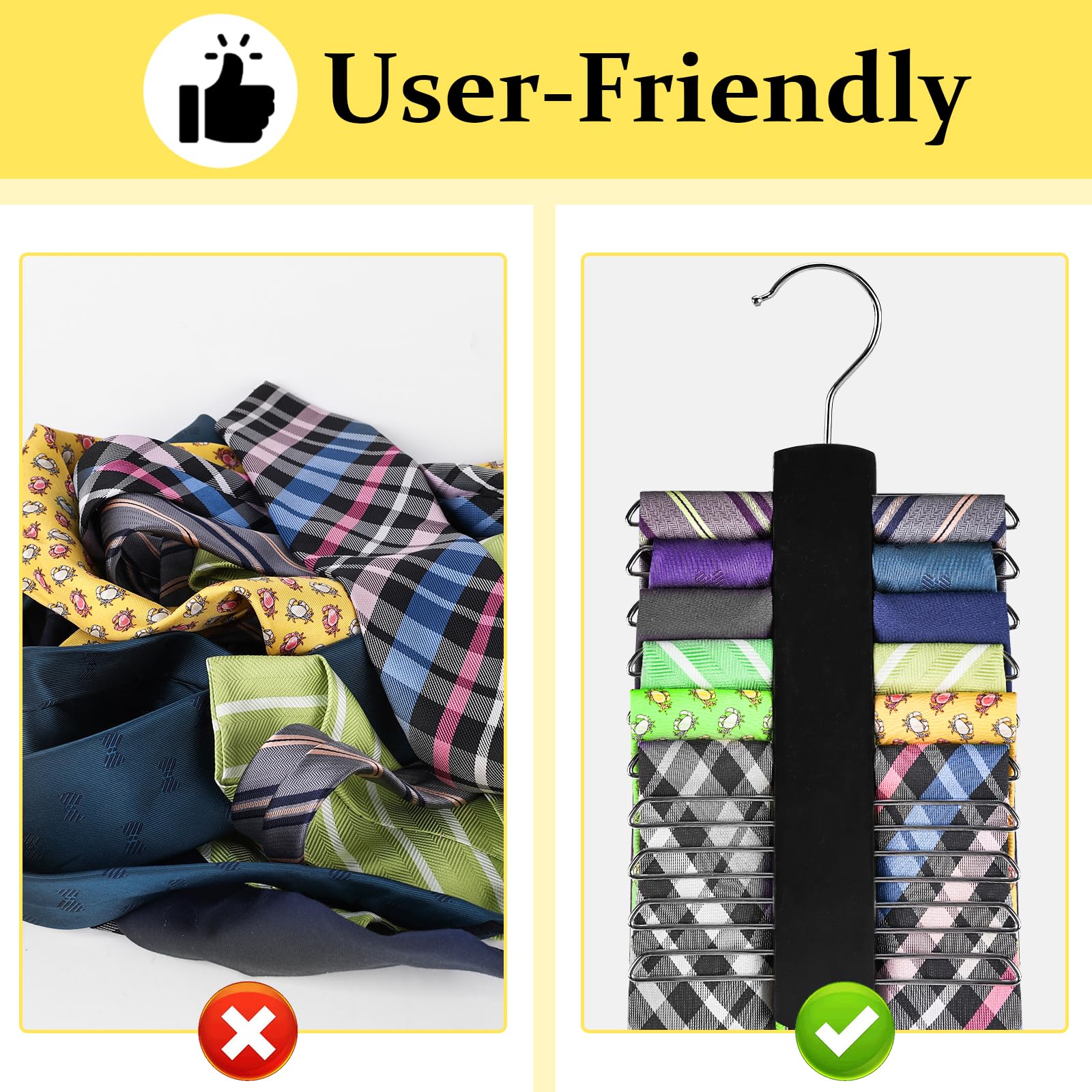 JOHOUSE 2PCS Tie Rack for Closet,Wooden Necktie Organizer and Belt Hangers,360 Degree Swivel Space Saving Ties Holder for Men Hanging 40 Ties,Black