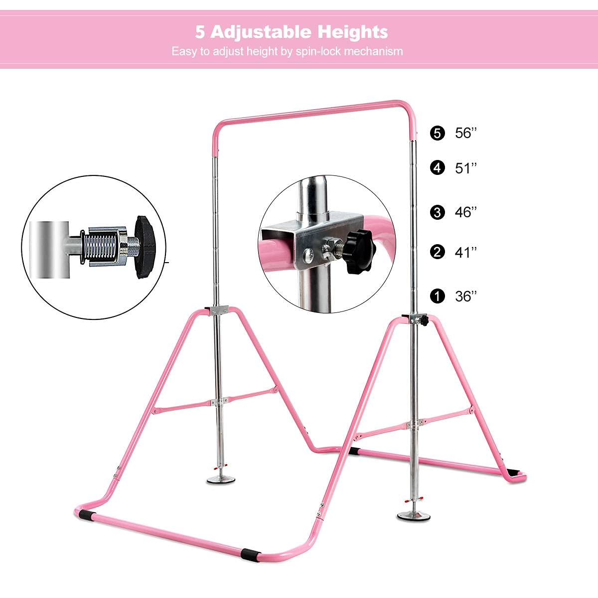 Costzon Expandable Gymnastics Training Bar, Folding Gymnastics Bar with Triangular Structure, 3 to 4.5 FT Height Adjustable Junior Horizontal Kip Bar, Training Monkey Bars for Kids Gymnasts (Pink)