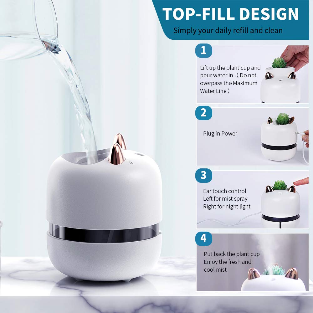 DCMEKA Desk Humidifier, Top Fill Cool Mist Humidifier ,Ear Touch Control USB Personal mini Humidifiers for Baby Bedroom Office Home with Night Light,Auto Shut-Off (Artificial Plants Include)