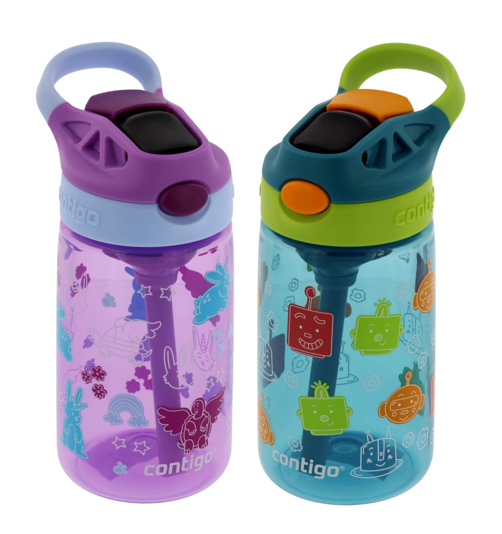 Contigo 14 oz Kids Plastic Water Bottle with Straw Lid, 2 Pack - Purple Bunnicorns and Blue Friendly Bots