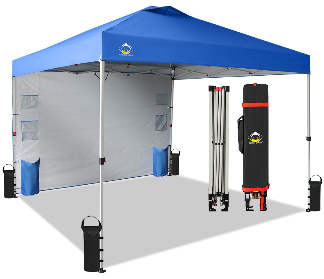CROWN SHADES Canopy Tent 10x10 Pop Up Canopy Outdoor Shade with Pockets Sidewall, Easy Up Sun Shelter with One Person Set Up Center Lock, Portable Instant Camping Beach Canopy Tents, Blue