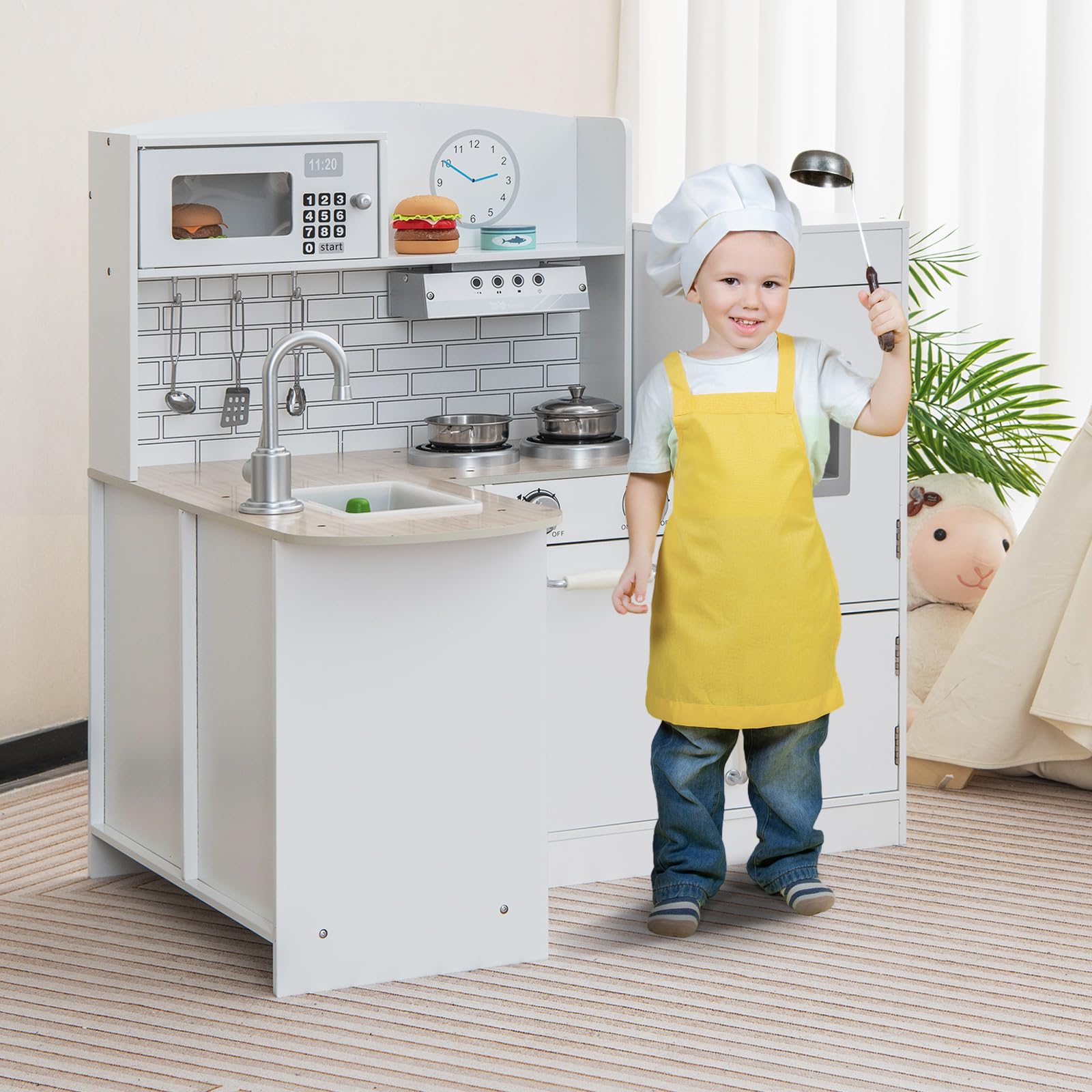 Costzon Kids Corner Kitchen Playset, 8-in-1 Wooden Play Kitchen Toy Set w/Realistic Microwave, Oven, Stove, Refrigerator, Water Dispenser, Range Hood, Pretend Cooking Set